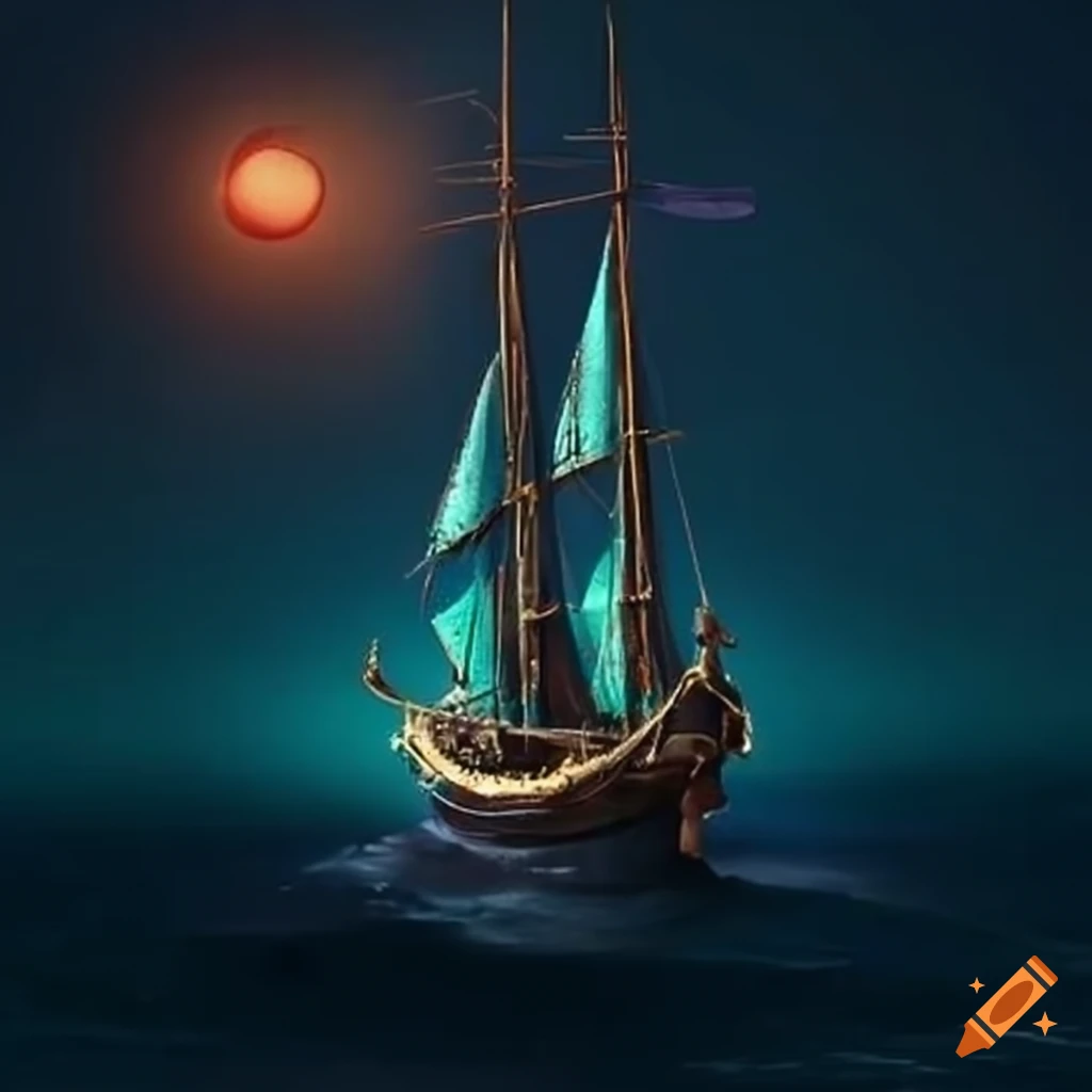 Artistic depiction of a demonic sail boat with cannons