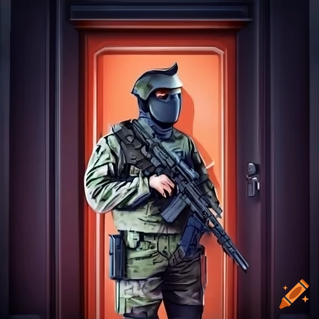 Illustration of armed guards guarding a doorway on Craiyon
