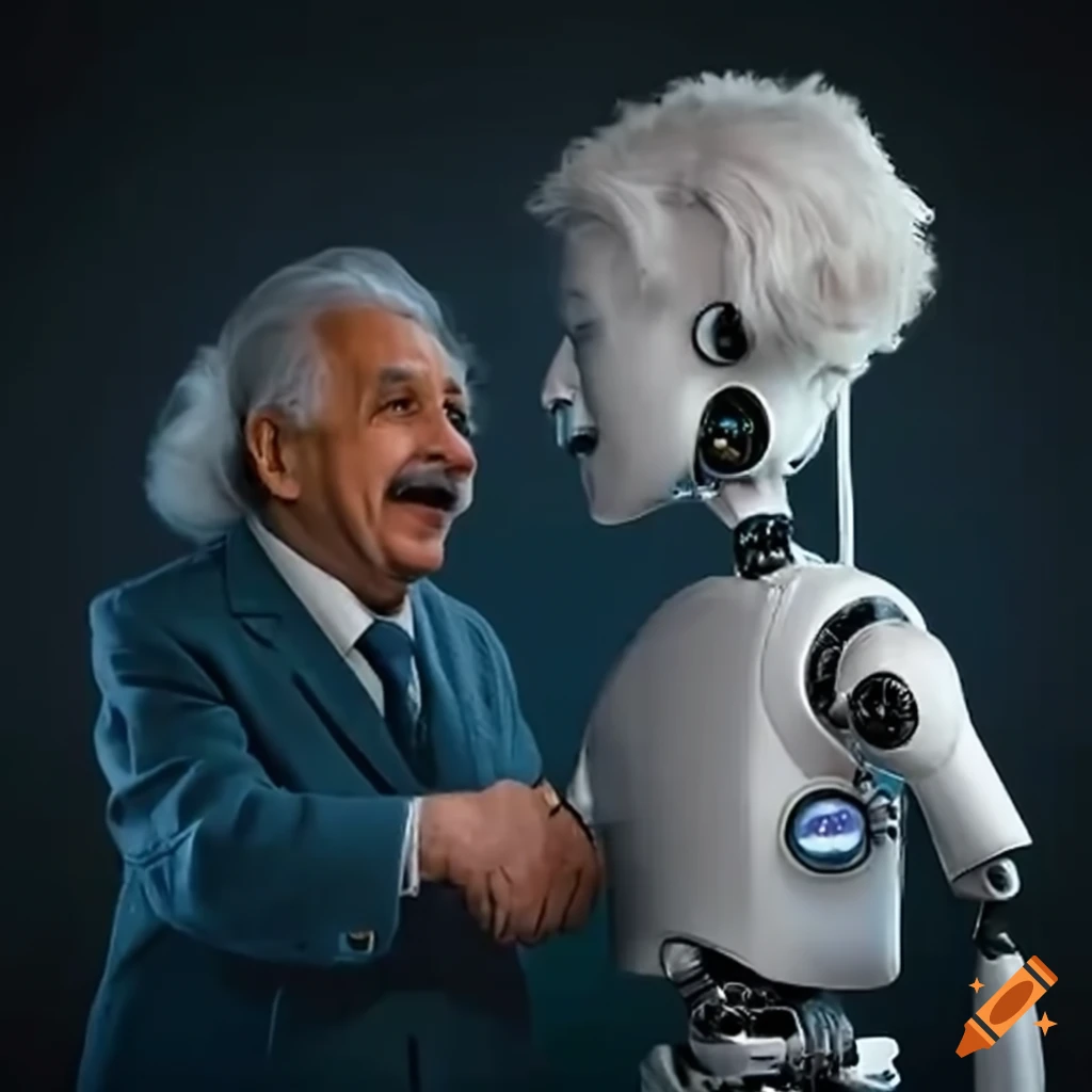 Robot shaking hands with albert einstein