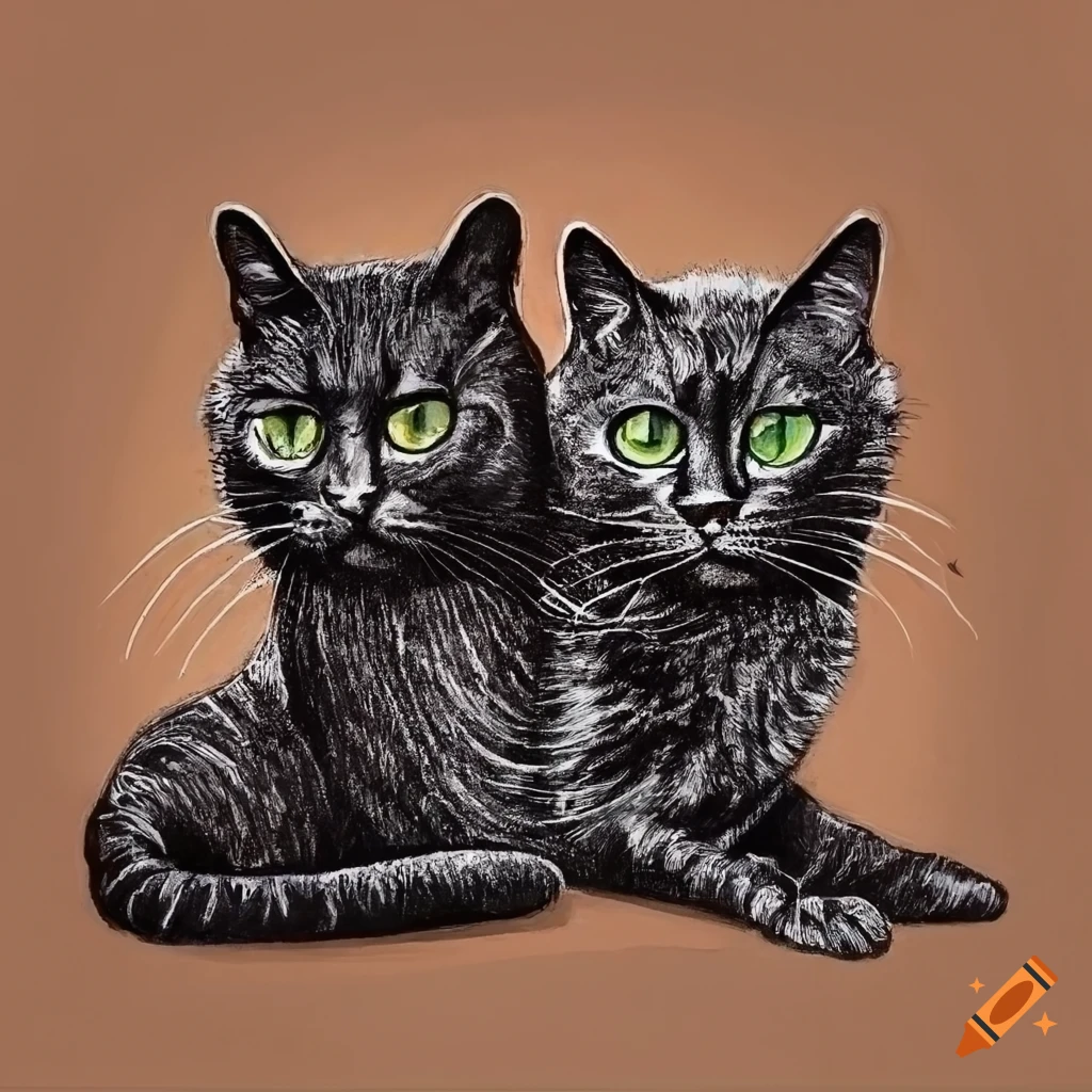 Detailed ink drawing of two black cats on a brown couch