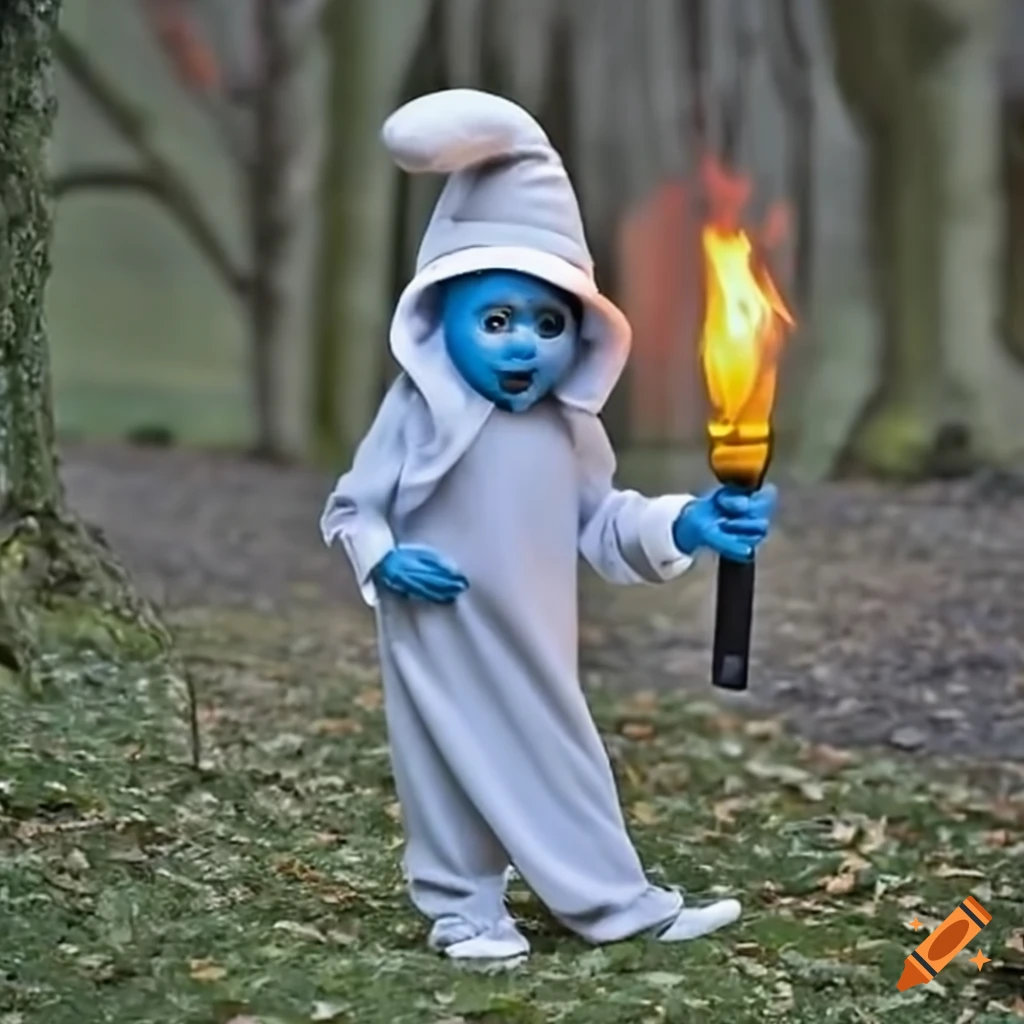 Smurf dressed as ghost holding a torch