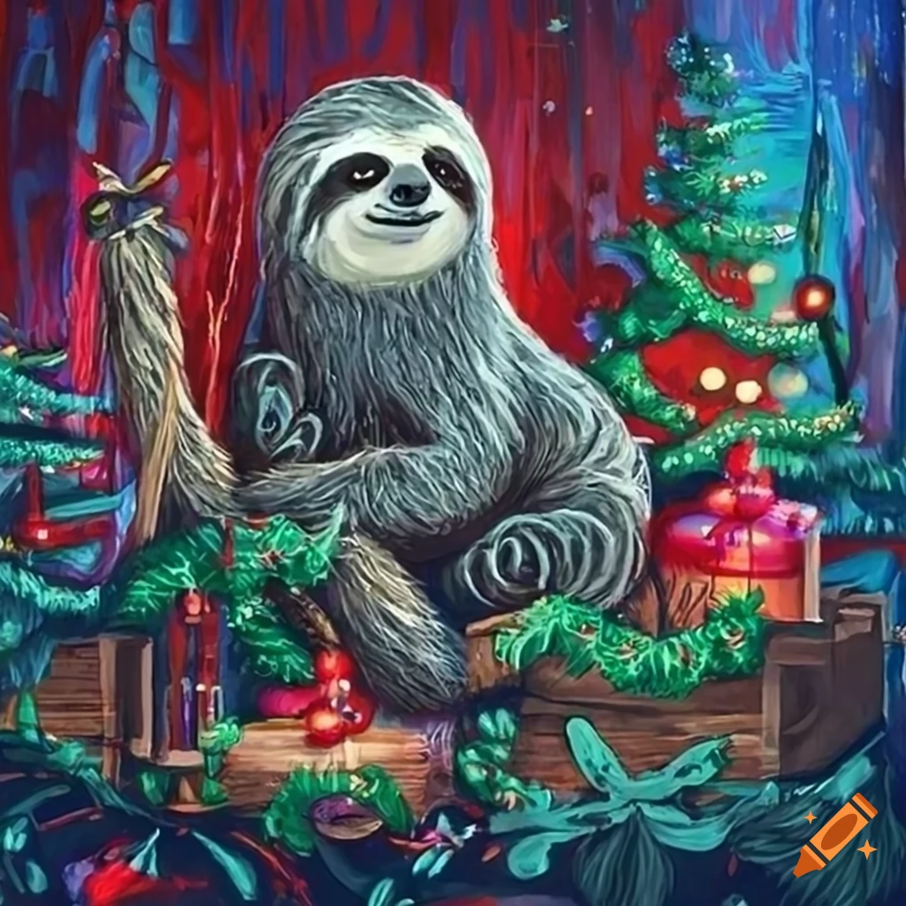 Painting of a sloth family celebrating christmas