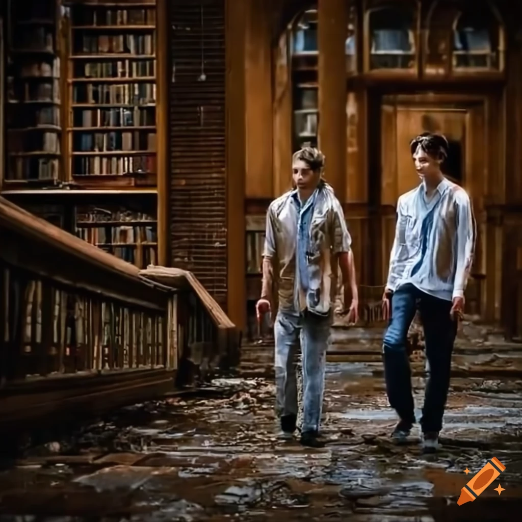 Two men exploring an abandoned library on Craiyon