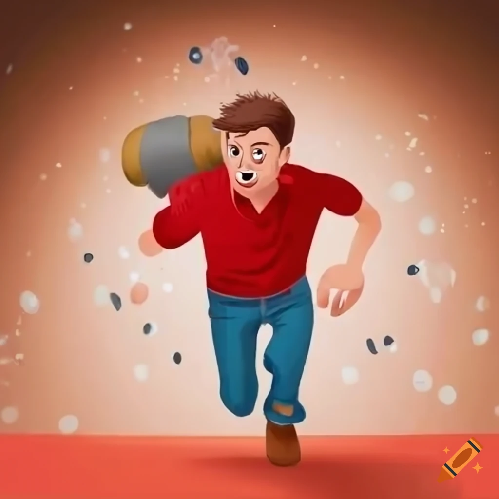 Cartoonish illustration of a man running with a ticking bomb on Craiyon