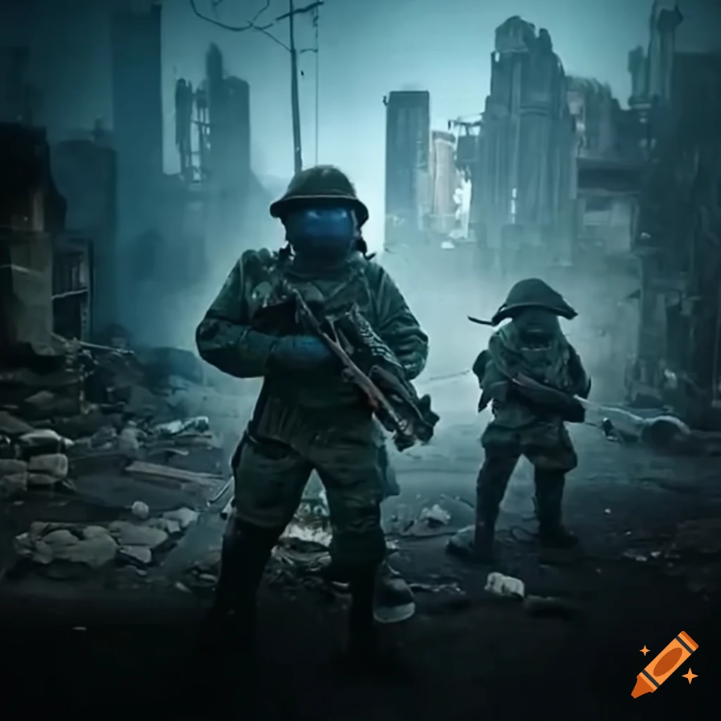 Smurf army in a ruined city on Craiyon