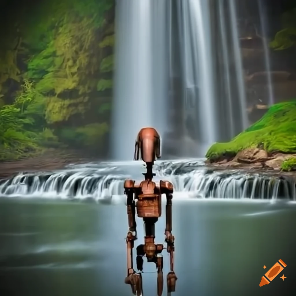 B1 battle droid in front of a waterfall