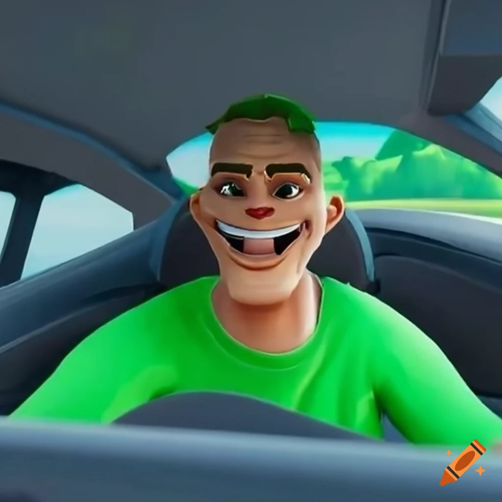 Funny branded brawler character from fortnite in a car on Craiyon