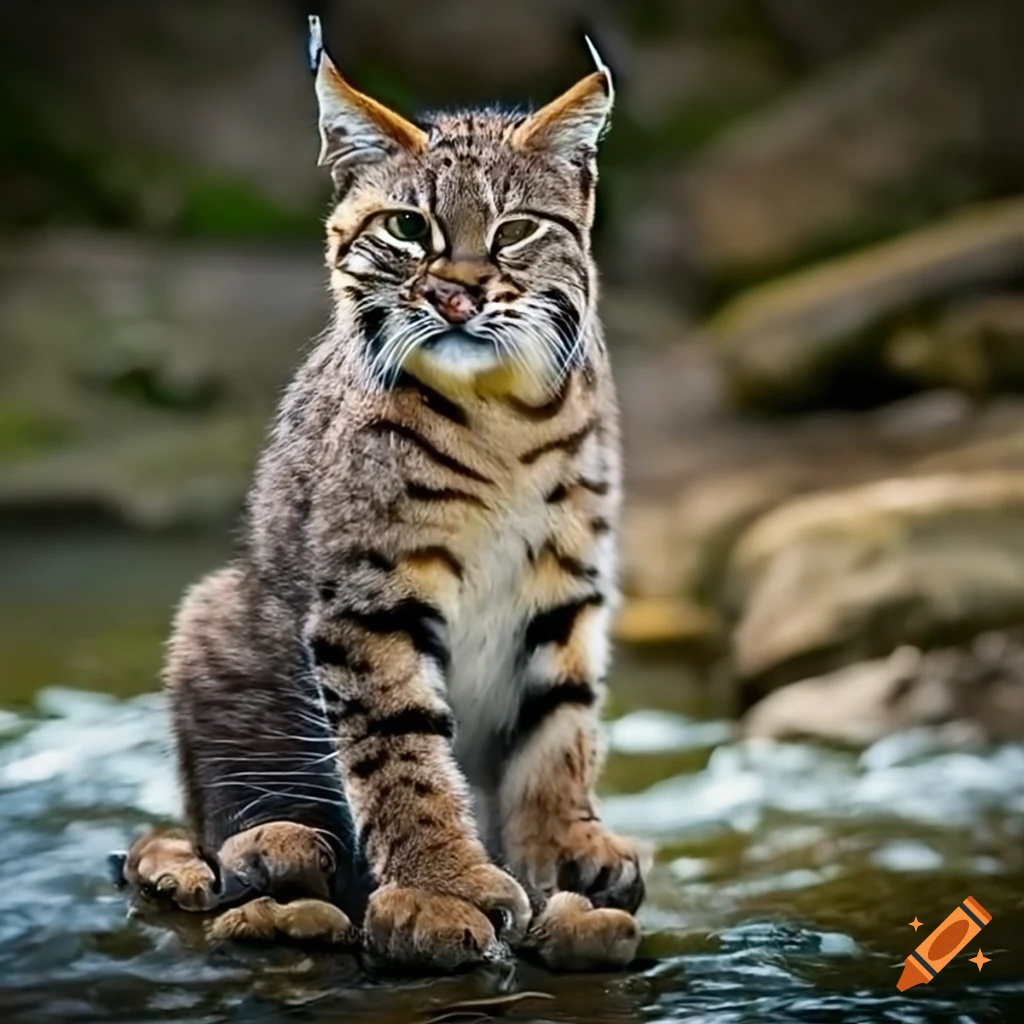 Bobcat sitting by a stream