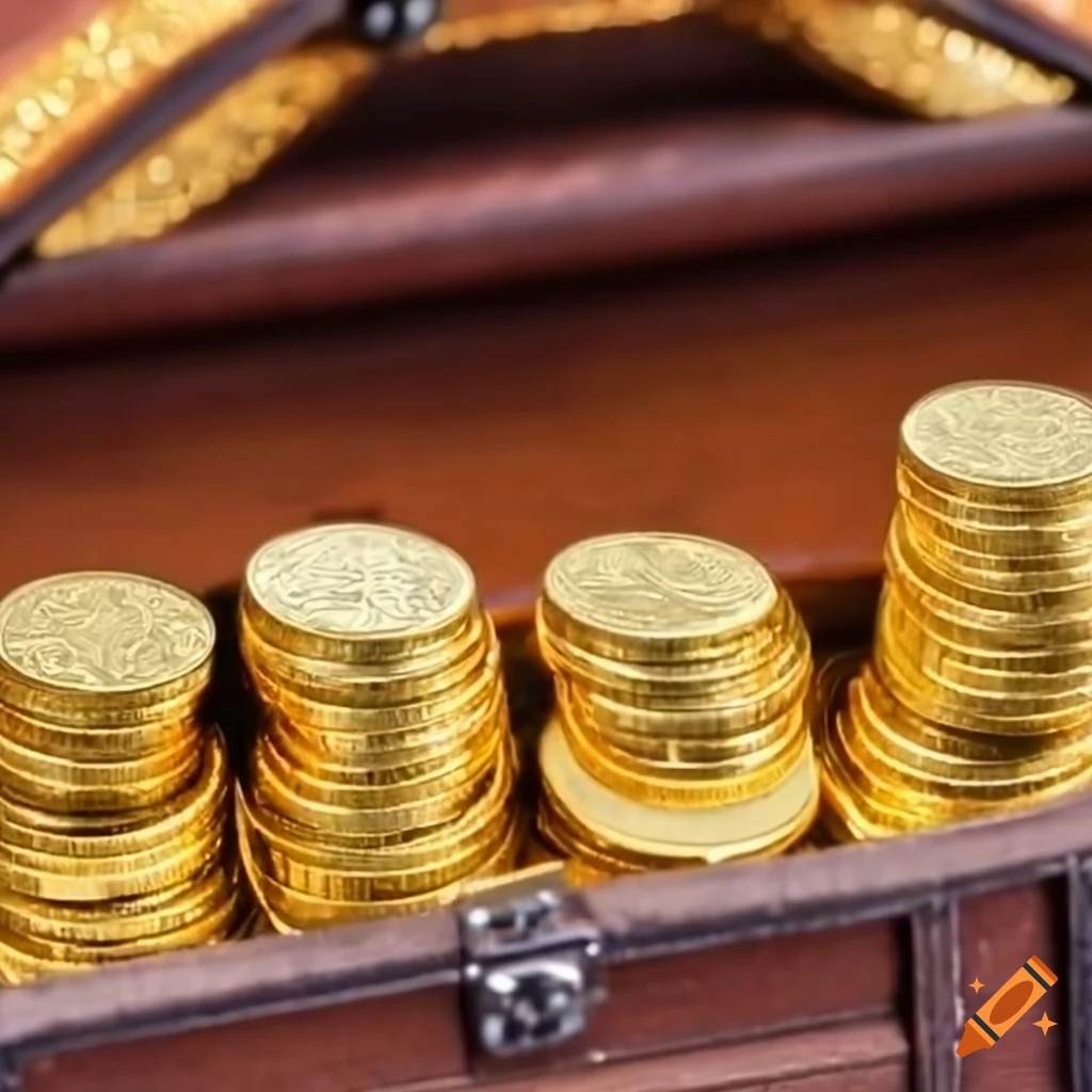Stack of gold coins in a treasure chest