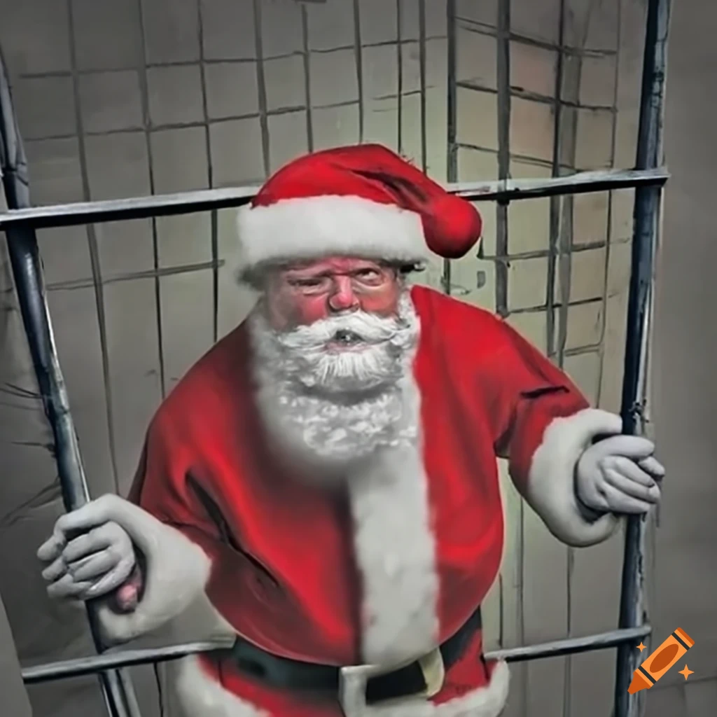 Humorous artwork of santa trump behind bars with a sad christmas tree ...