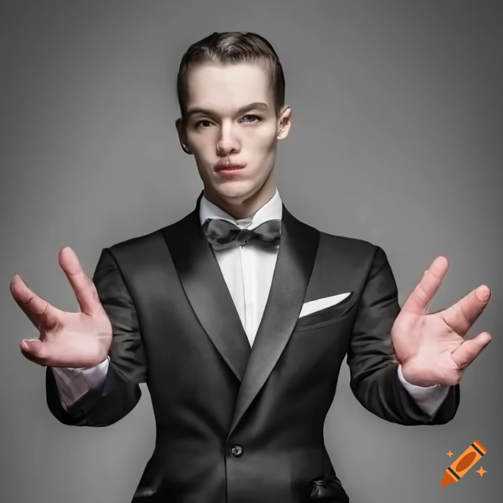 Man with magic hands in a tuxedo on Craiyon