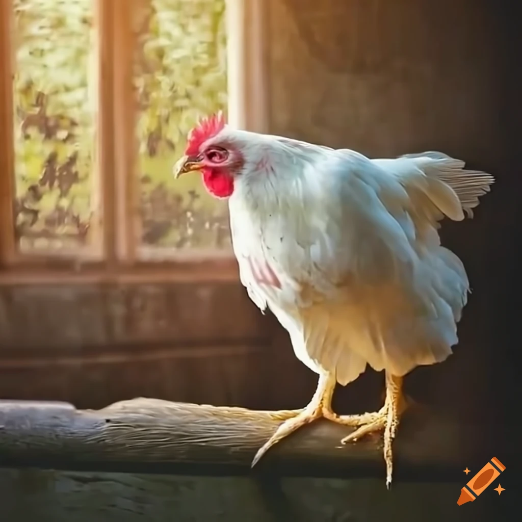 Chickens in a barn with sunlight and rain