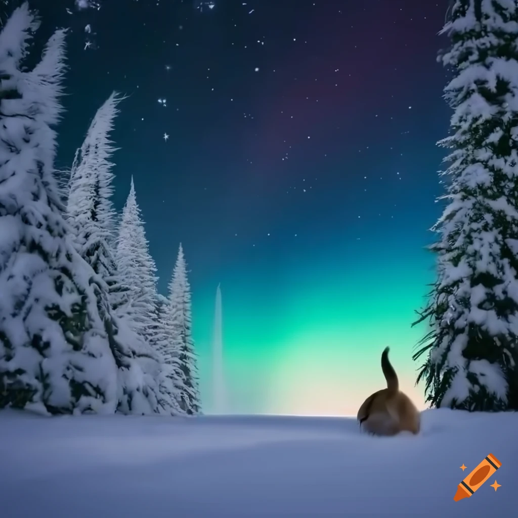 Adorable bunnies playing in snow under northern lights