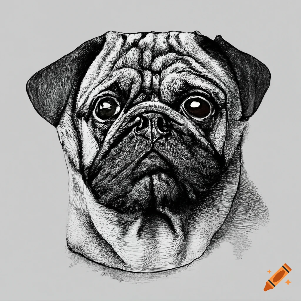 Realistic ink drawing of a pug dog on Craiyon
