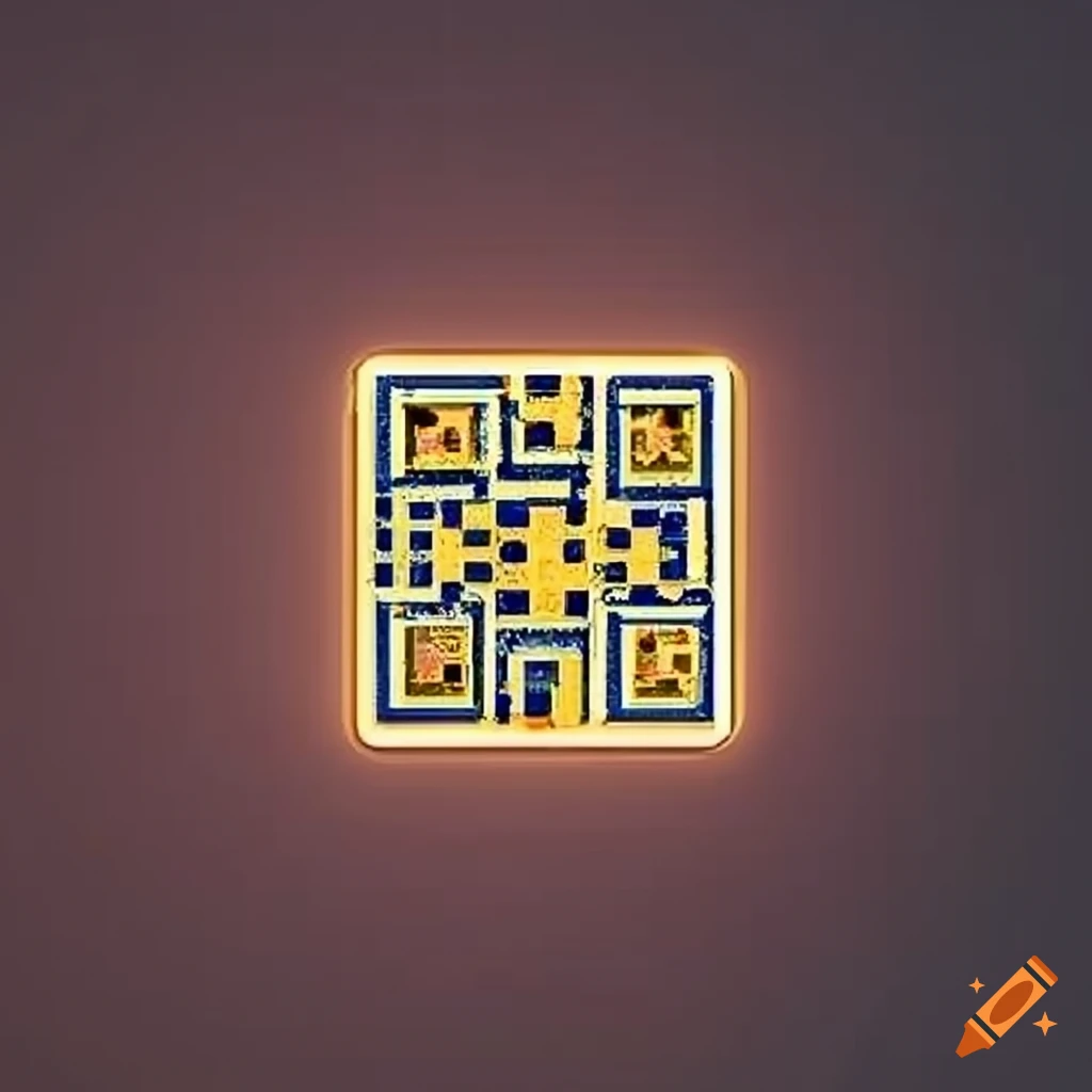 Golden qr code mixed with a smiley face and a card in the center on Craiyon