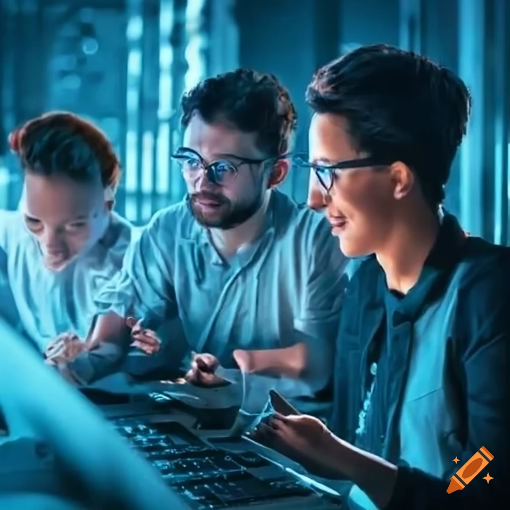 Group of software engineers coding and utilizing technology on Craiyon