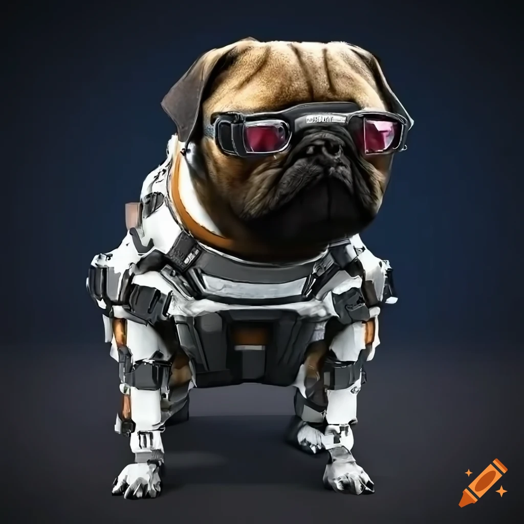 3d artwork of a pug dog in a robotic mecha suit