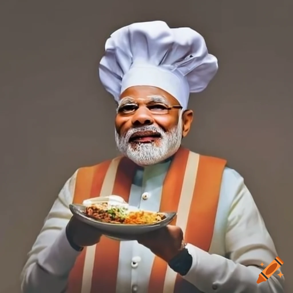 Narendra modi in chef hat holding a plate of food on Craiyon