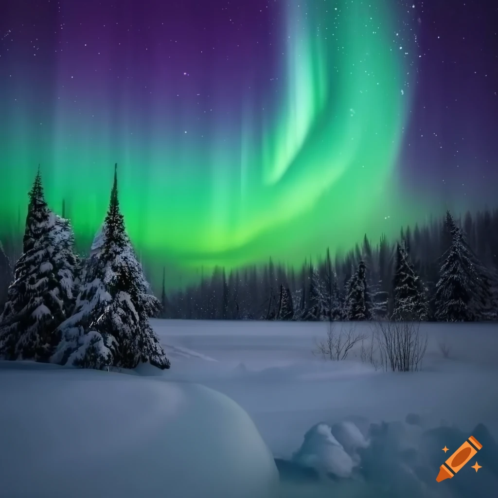 Aurora Borealis Winter Scenes "Jeep in a snow covered field with Aurora ...