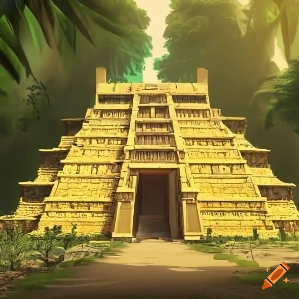 3d rendering of a yellow aztec temple in the jungle