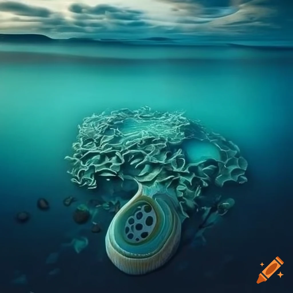 Surreal beach with glassy seashells and exotic flowers