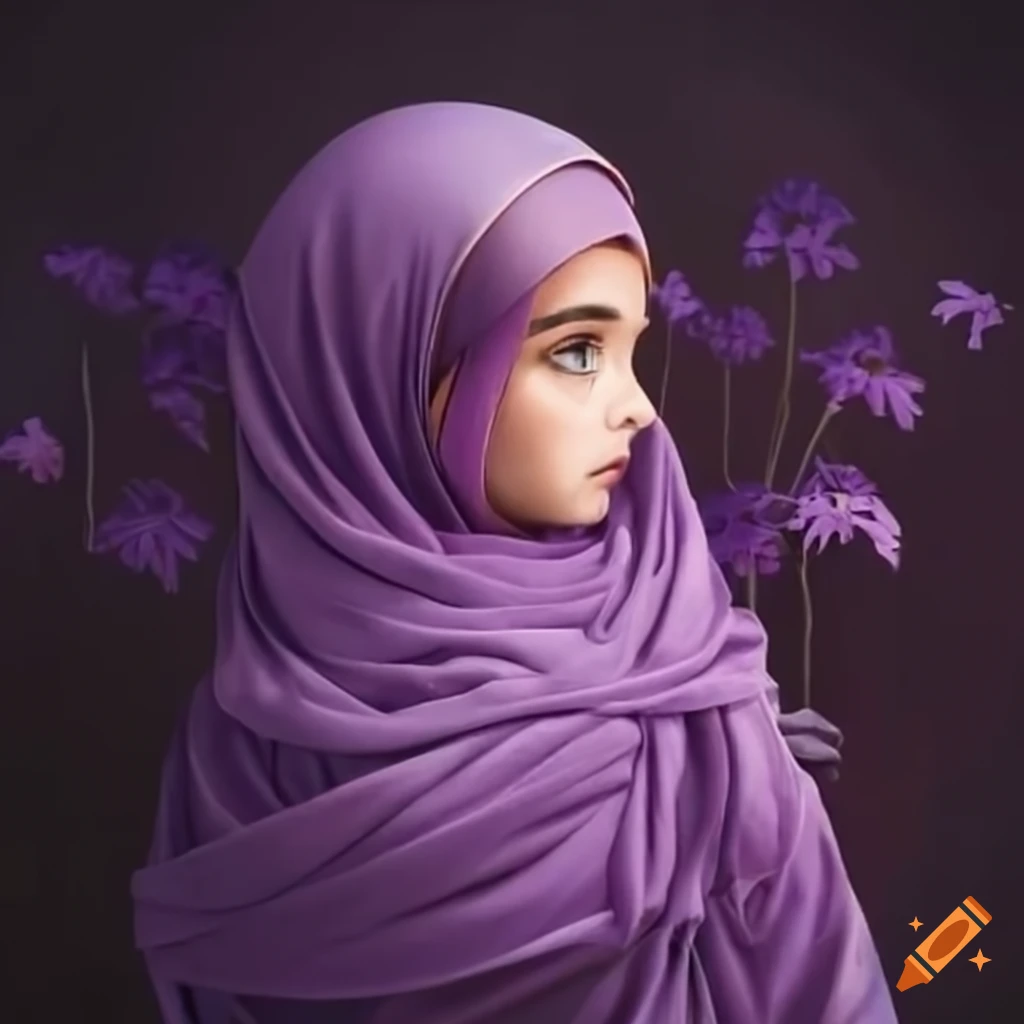 Portrait of a muslim girl with violet flowers in her hair