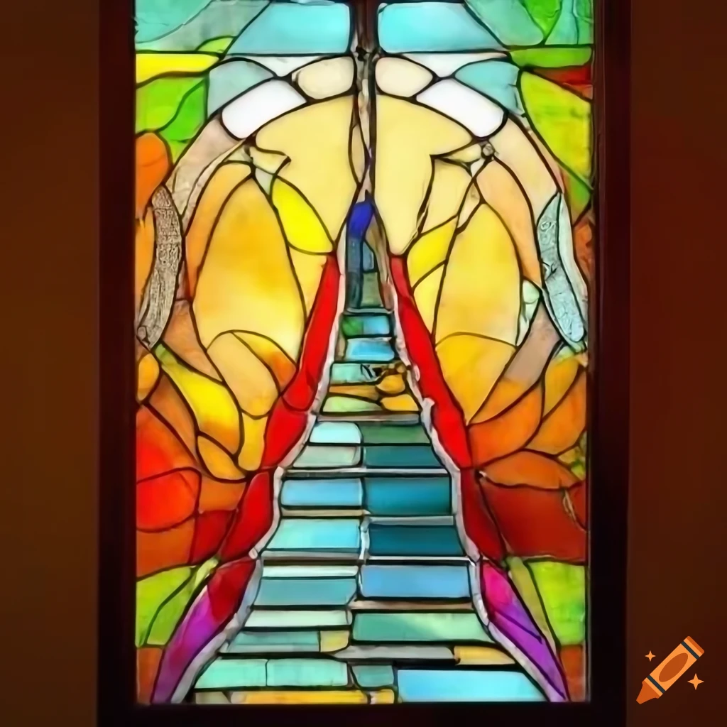 Stairway to heaven depicted in stained glass panels on Craiyon