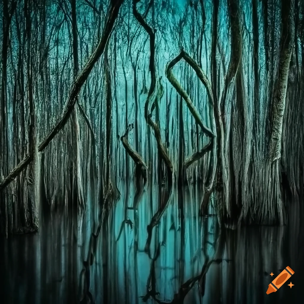 Haunting night scene in a eerie swamp on Craiyon