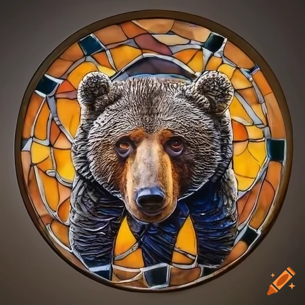 Stained glass artwork of a bear in the woods