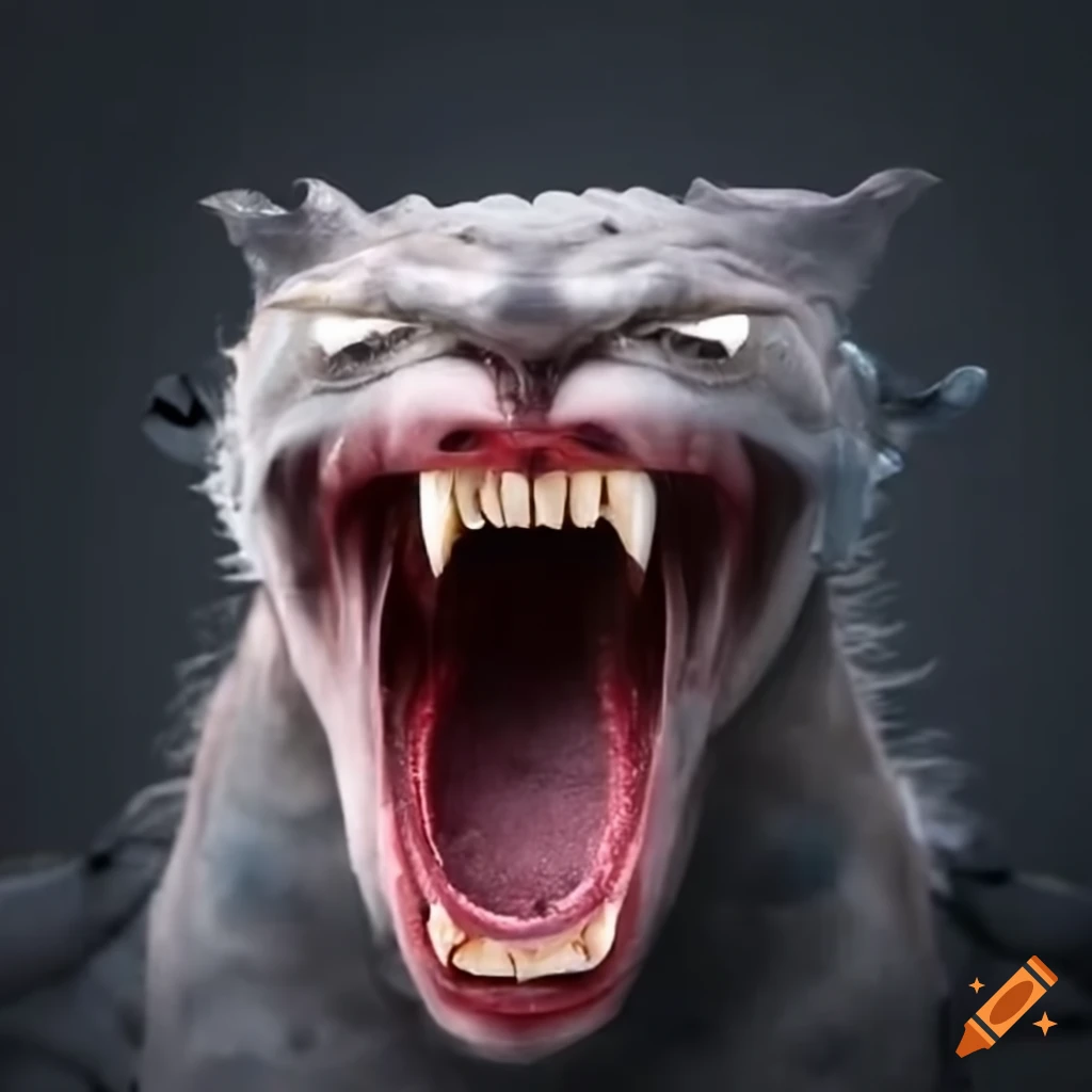 Close-up of snarling teeth on Craiyon