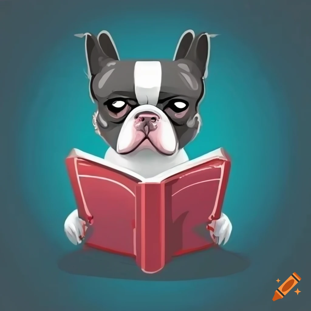 Cartoon boston terrier reading a book