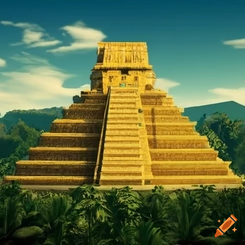 3D rendering of a yellow Aztec temple in a tropical forest on Craiyon