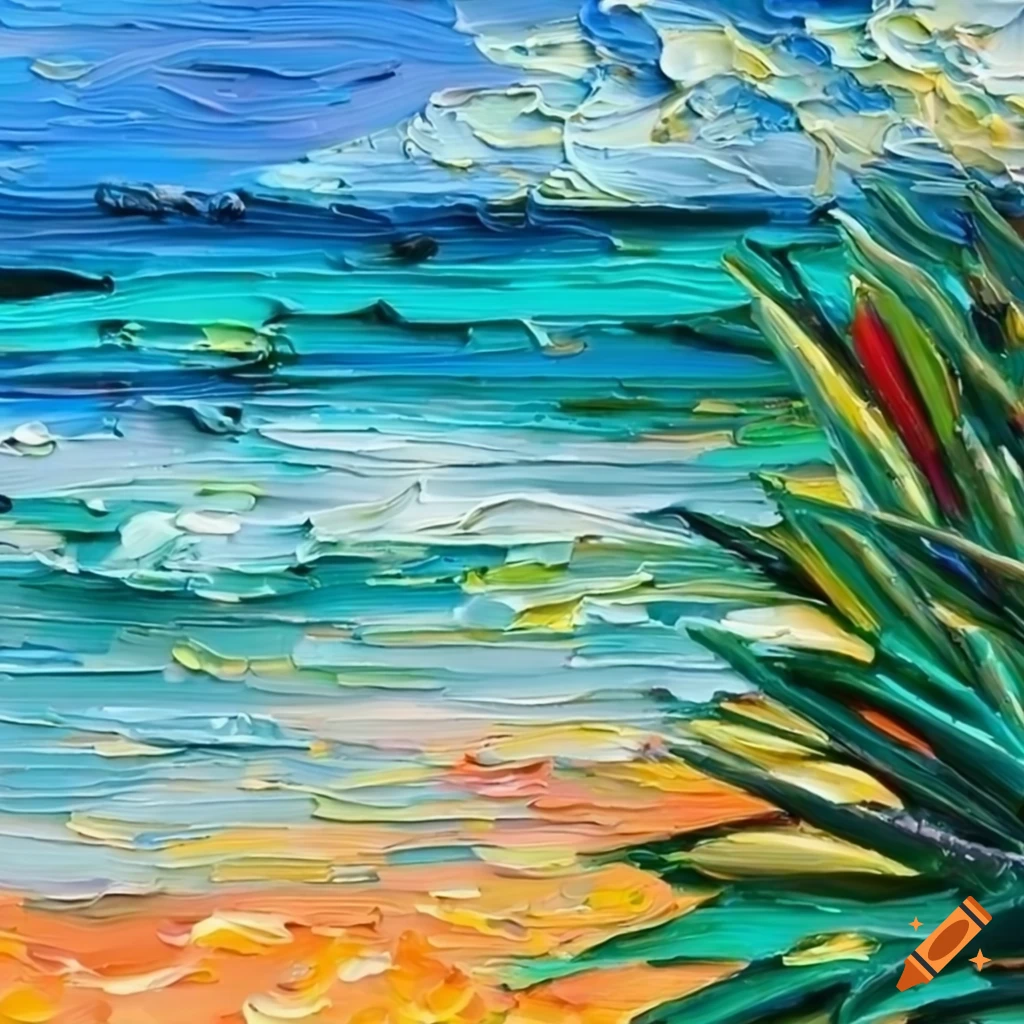 Impressionistic oil painting of a colorful tropical beach on Craiyon