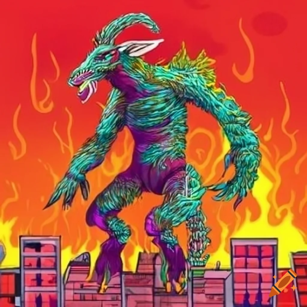 Detailed etching of a flaming goat kaiju in a city on Craiyon
