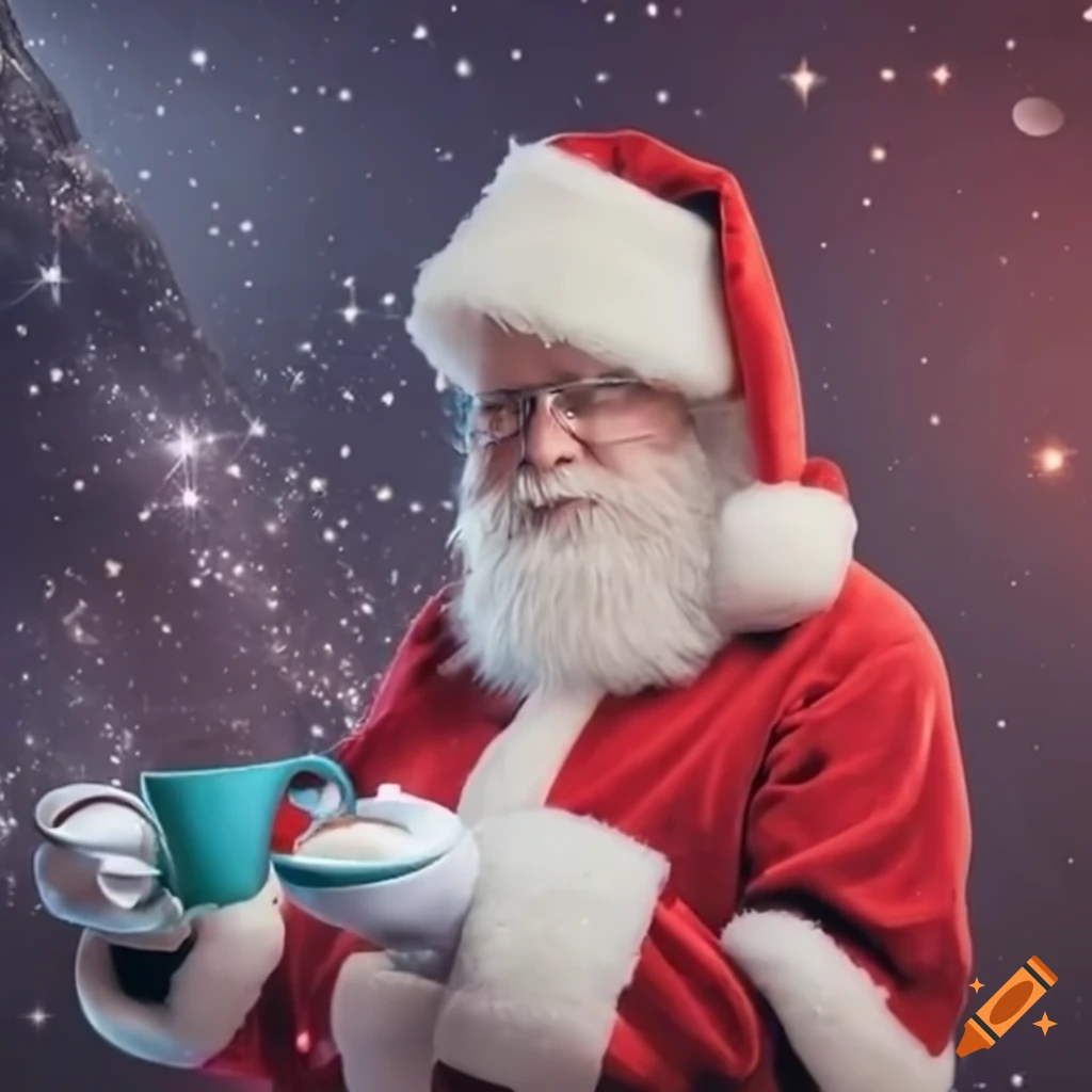Santa enjoying a cup of coffee in outer space