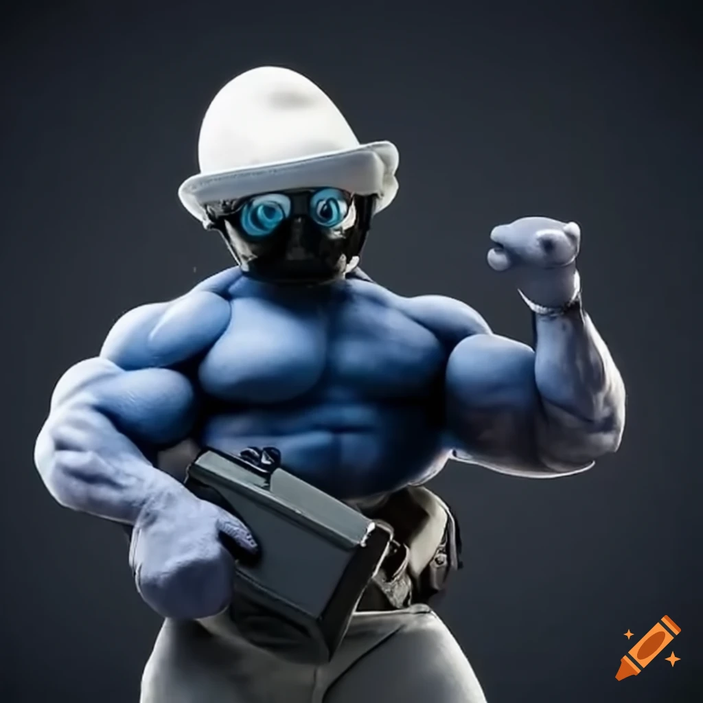 Muscular smurf in riot police gear