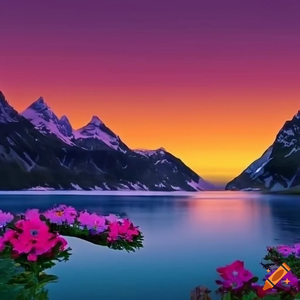 Sunset over mountain with flowers and lake on Craiyon