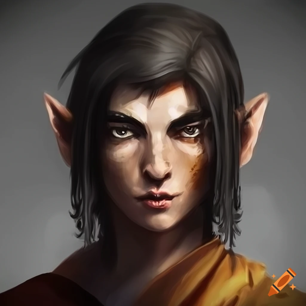 Image of an elf monk with dark hair and holy symbol