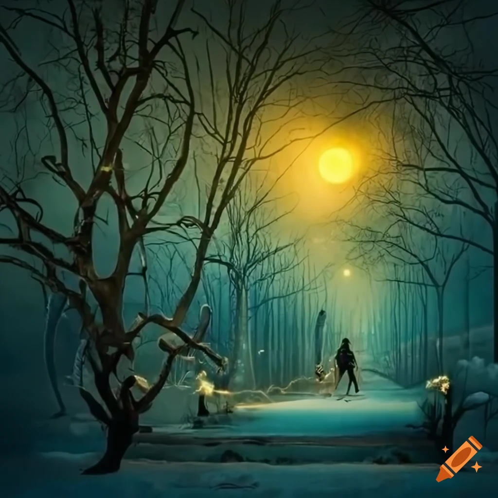 Surrealistic park with fantasy trees, lamp posts and dreamy clouds on ...