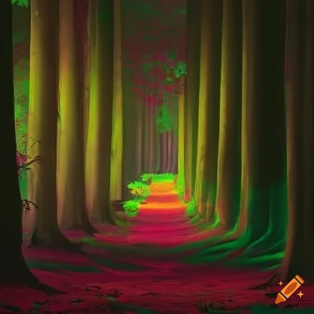 Vibrant album cover with lush landscape and towering trees on Craiyon