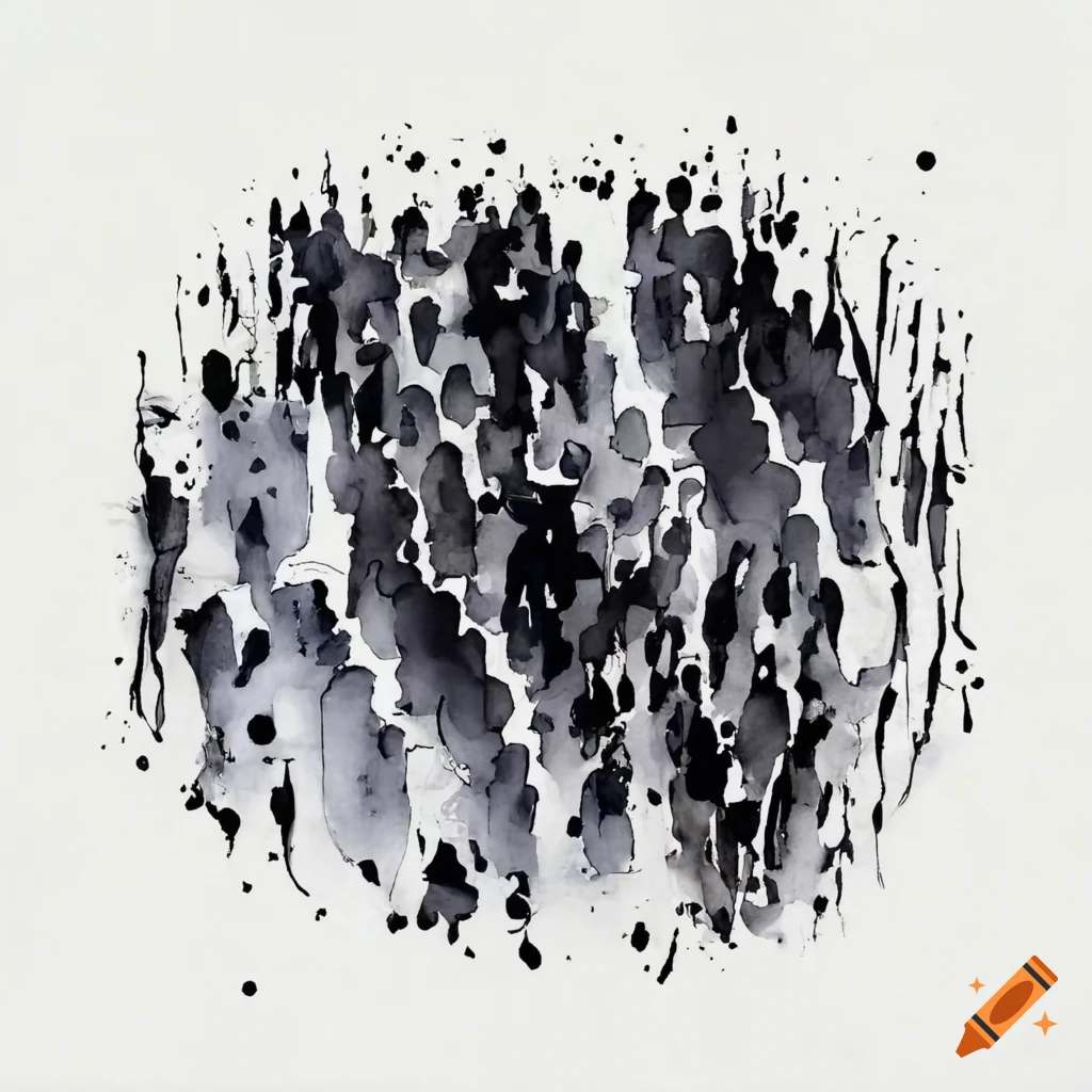 Abstract ink painting with a crowd facing a maze