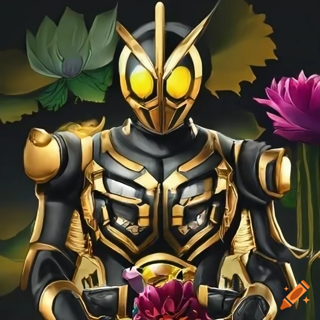 Artwork of black and gold kamen rider with lotus flowers