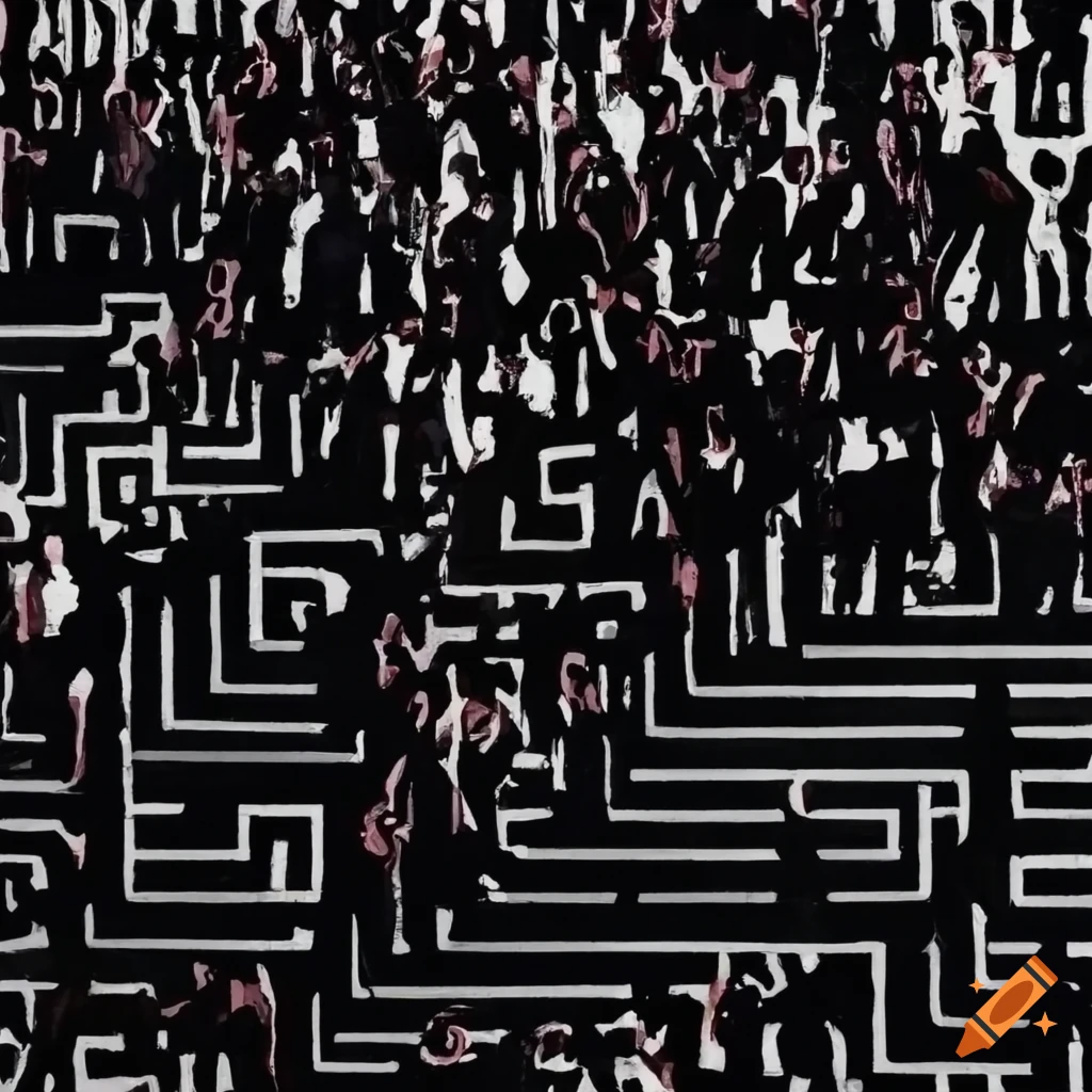 Mosaic painting of a crowd in a maze