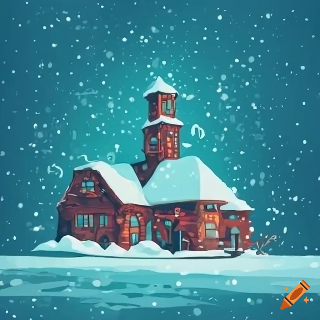 Vintage cartoon of a snowy old town