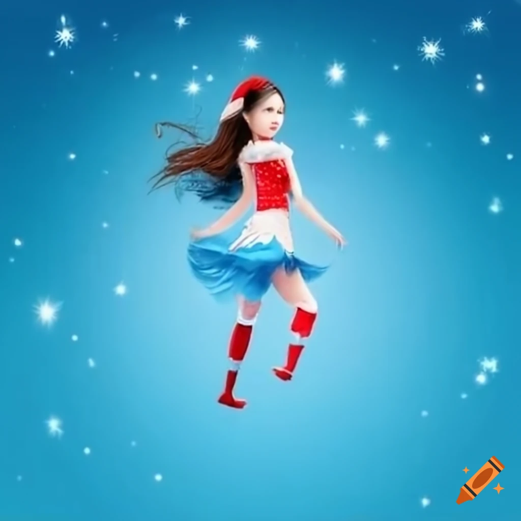 Image of a flying chinese woman elf in blue during christmas