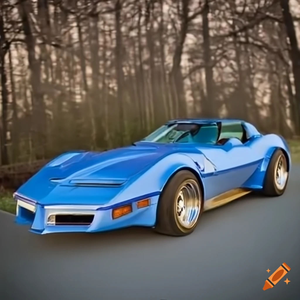 Justice league group photo with a blue corvette