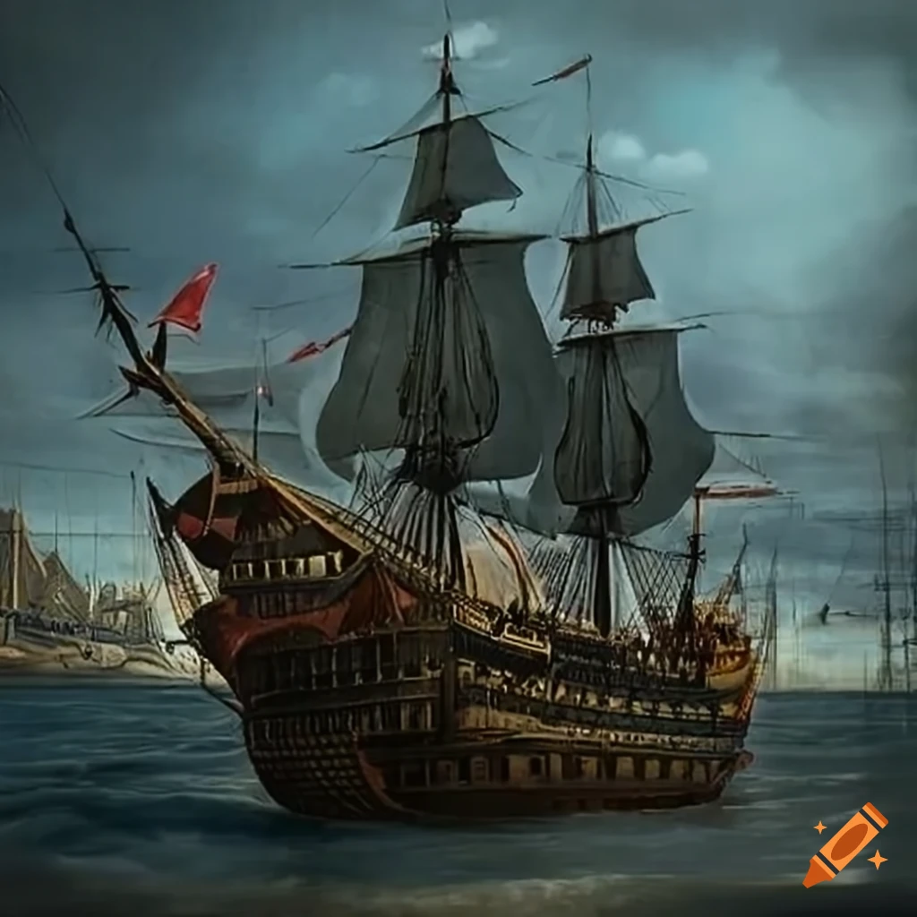 17th century military fleet in a port