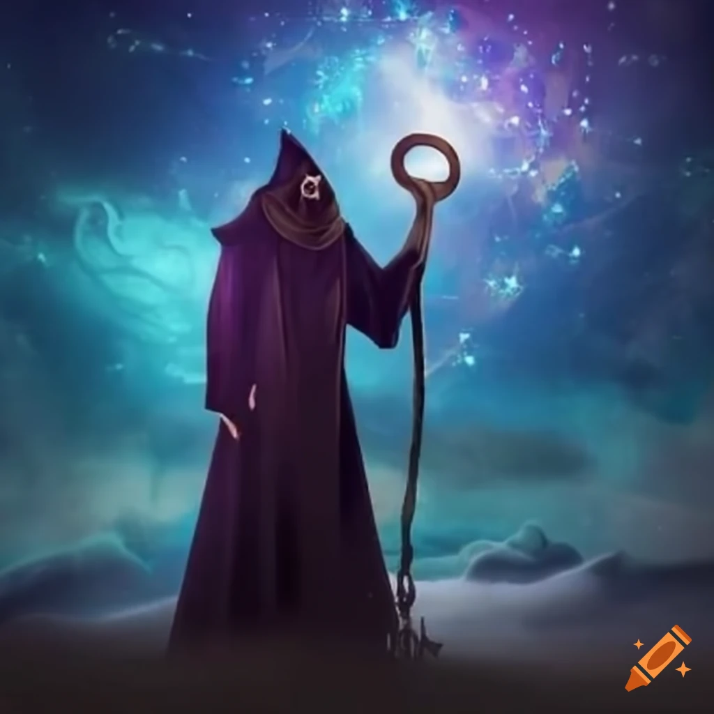 Wizard holding a staff against the sky on Craiyon