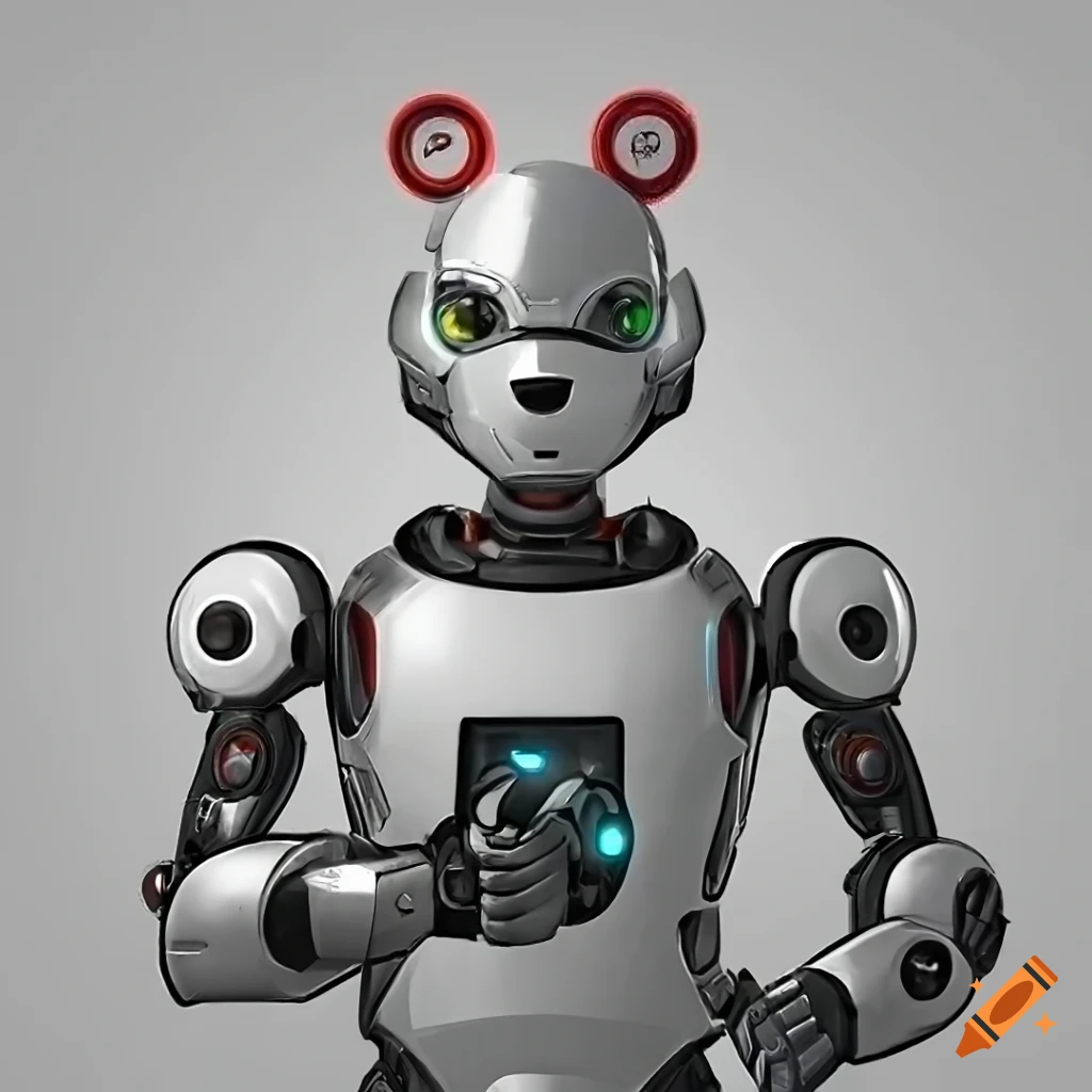 Cartoon artwork of a futuristic robotic bear helping a young boy on Craiyon