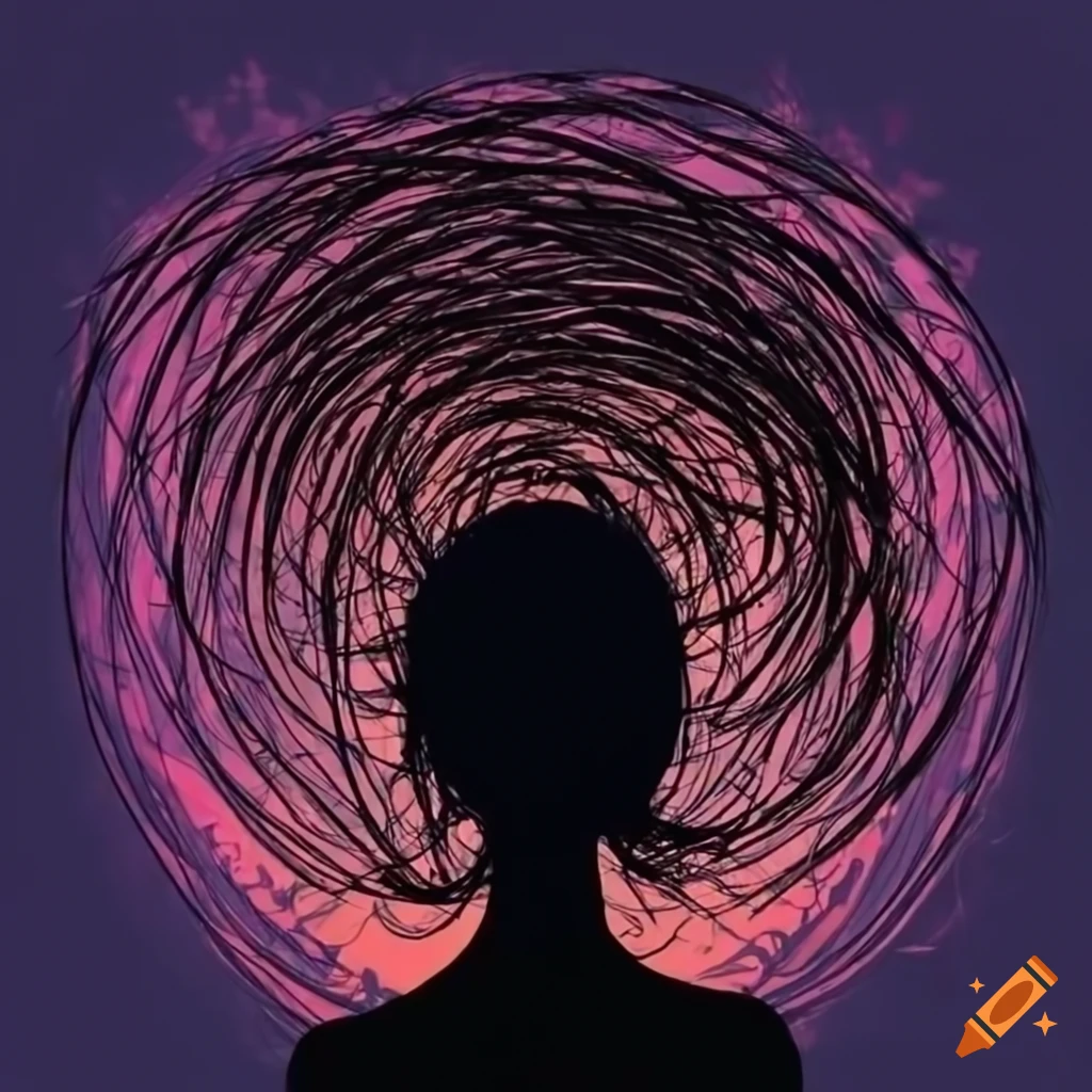 Silhouette of a woman with big hair and artistic circular patterns on ...